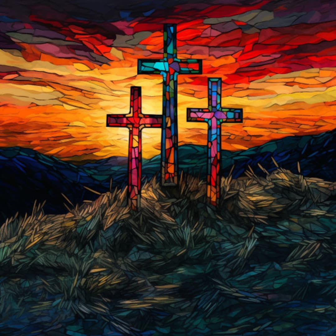Stained Glass Window Cling Three Crosses on a Hill Faux Stained Glass ...