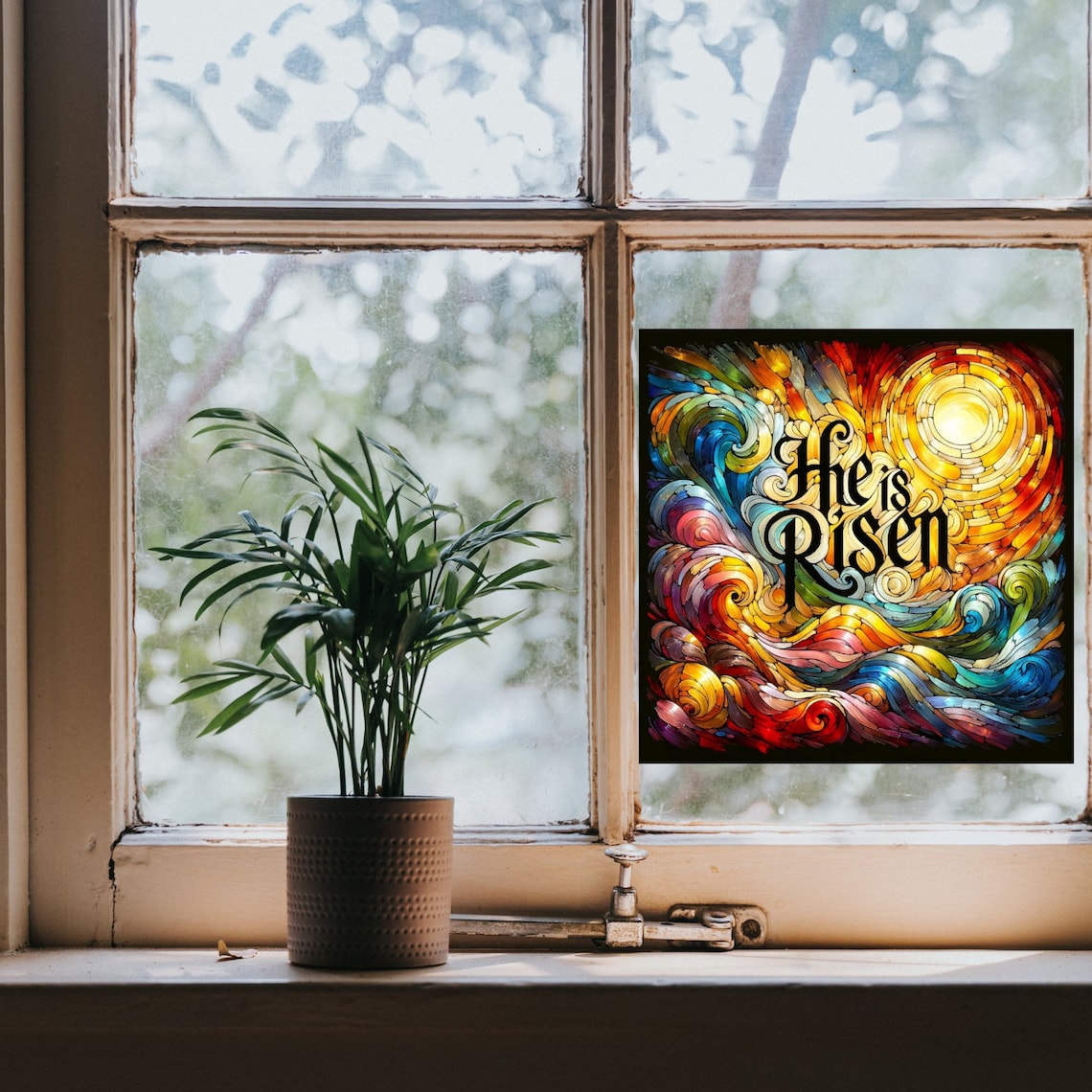 He is Risen Stained Glass Window Cling Easter Decor Resurrection Day ...