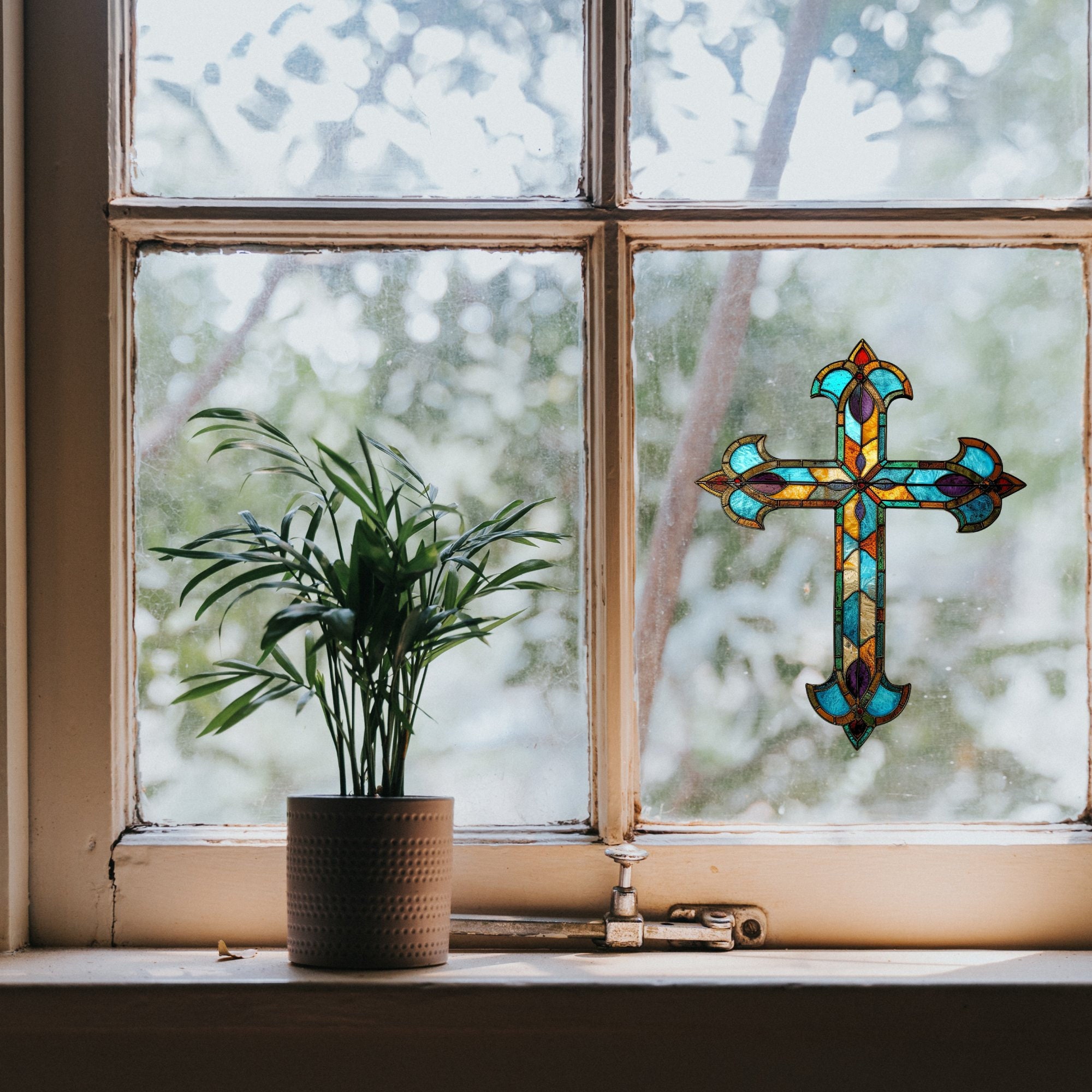Christian Cross Stained Glass Window Cling Christian Faith Art Faithful ...