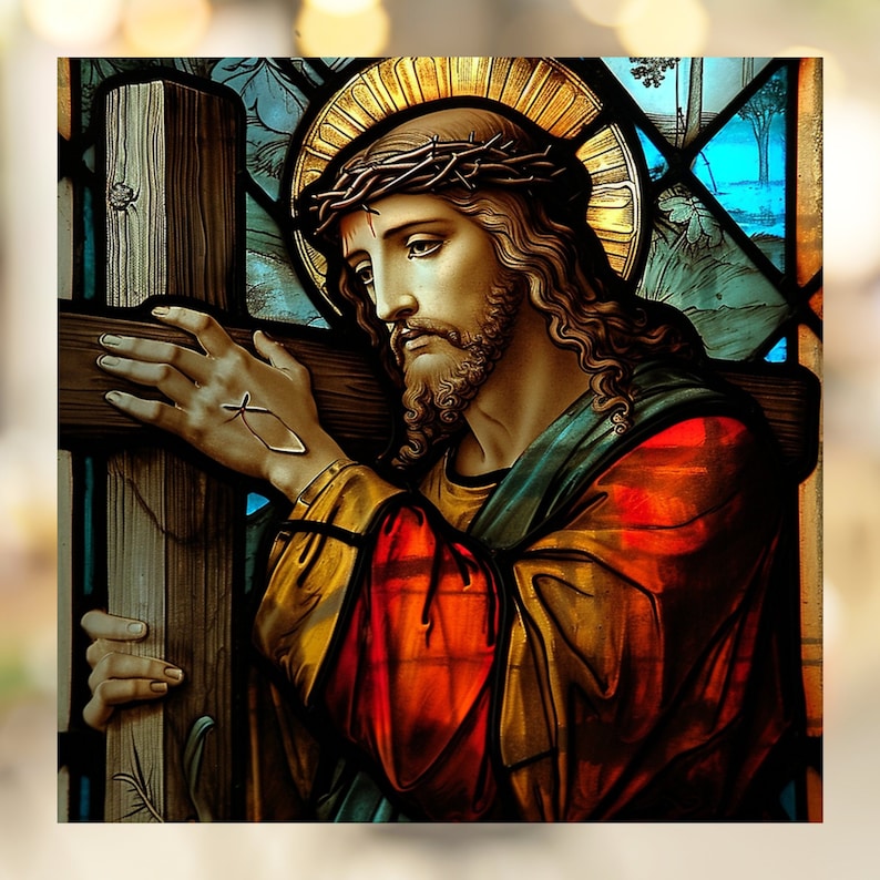 Jesus Carrying His Cross Stained Glass Window Cling Christian Faith Art ...