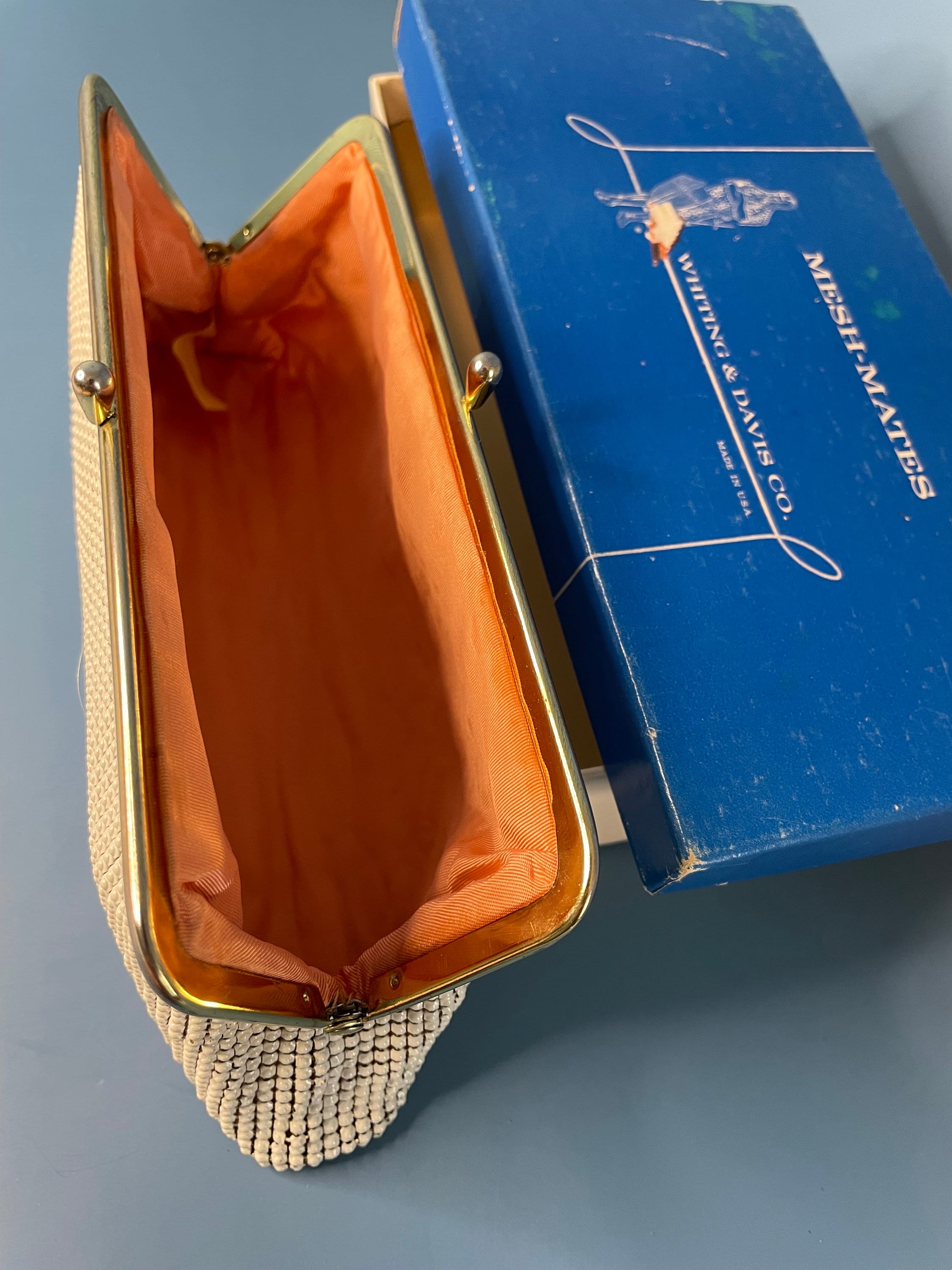 Whiting and Davis White Mesh Clutch 7" in Original Box Vintage Clasp ...