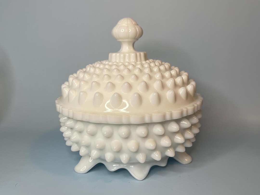 Fenton Hobnail Covered Candy Dish 3 Toed 6" Vintage Decor Milk Glass ...