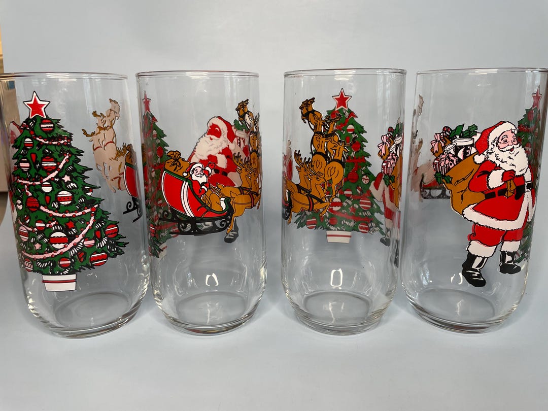 Luminarc Santa Claus Glass Tumbler Set of Four Reindeer Tree Vintage - Etsy