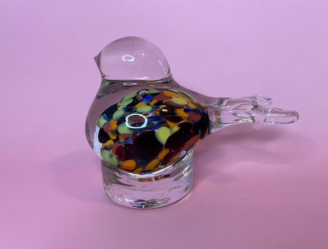 Art Glass Bird Paperweight Vintage Clear Colorful 3" - Etsy