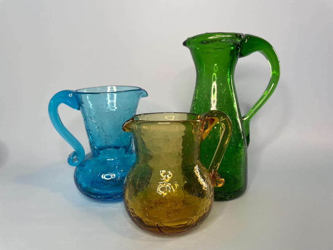 Vintage Crackle Glass Trio Color Glass Pitchers With Applied Handle ...