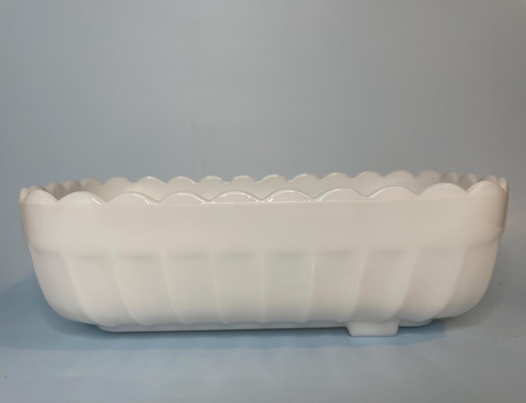 Milk Glass Rectangular Dish 8 X 4 Scallop Top Loaf Pan Footed Glass ...