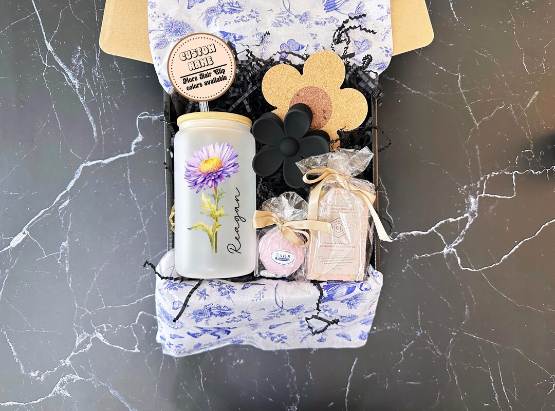 Personalized Birth Flower Glass Cup Gift Box: Pampering Gift Set - Etsy