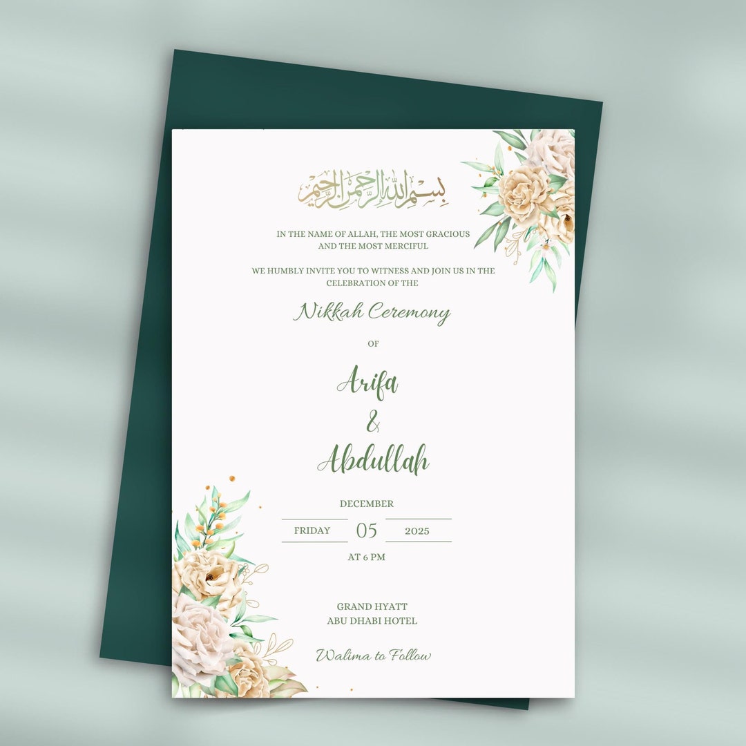 Elegant Nikkah Invitation Card Customizable Islamic Wedding Invite ...