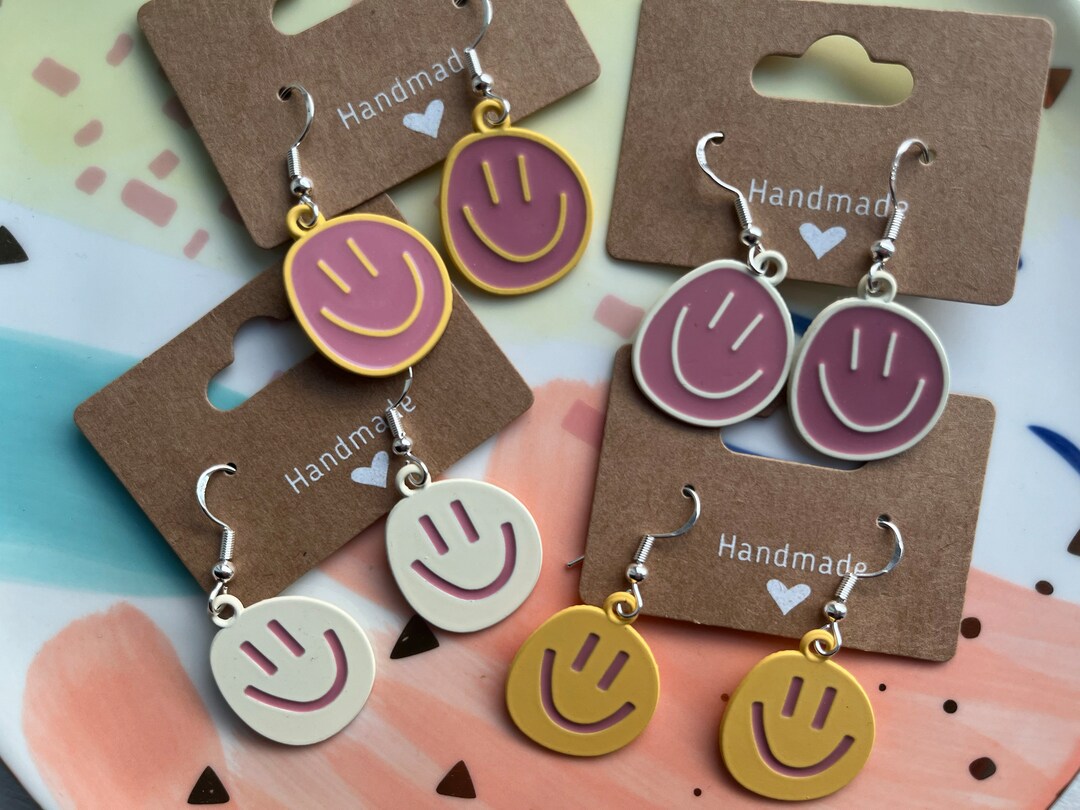Smiley Face Dangle Earrings, Happy Face, Funky Earrings, Colorful Happy ...