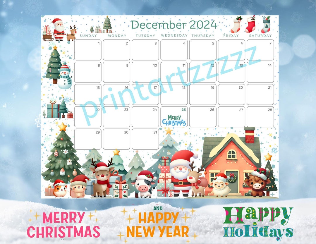 December 2024 Calendar Christmas Calendar Animals With Santa Claus ...