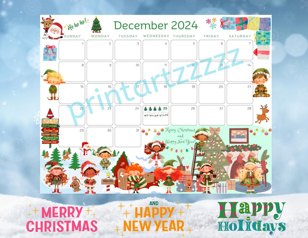December 2024 Calendar Christmas Elf Village North Pole Theme Planner ...