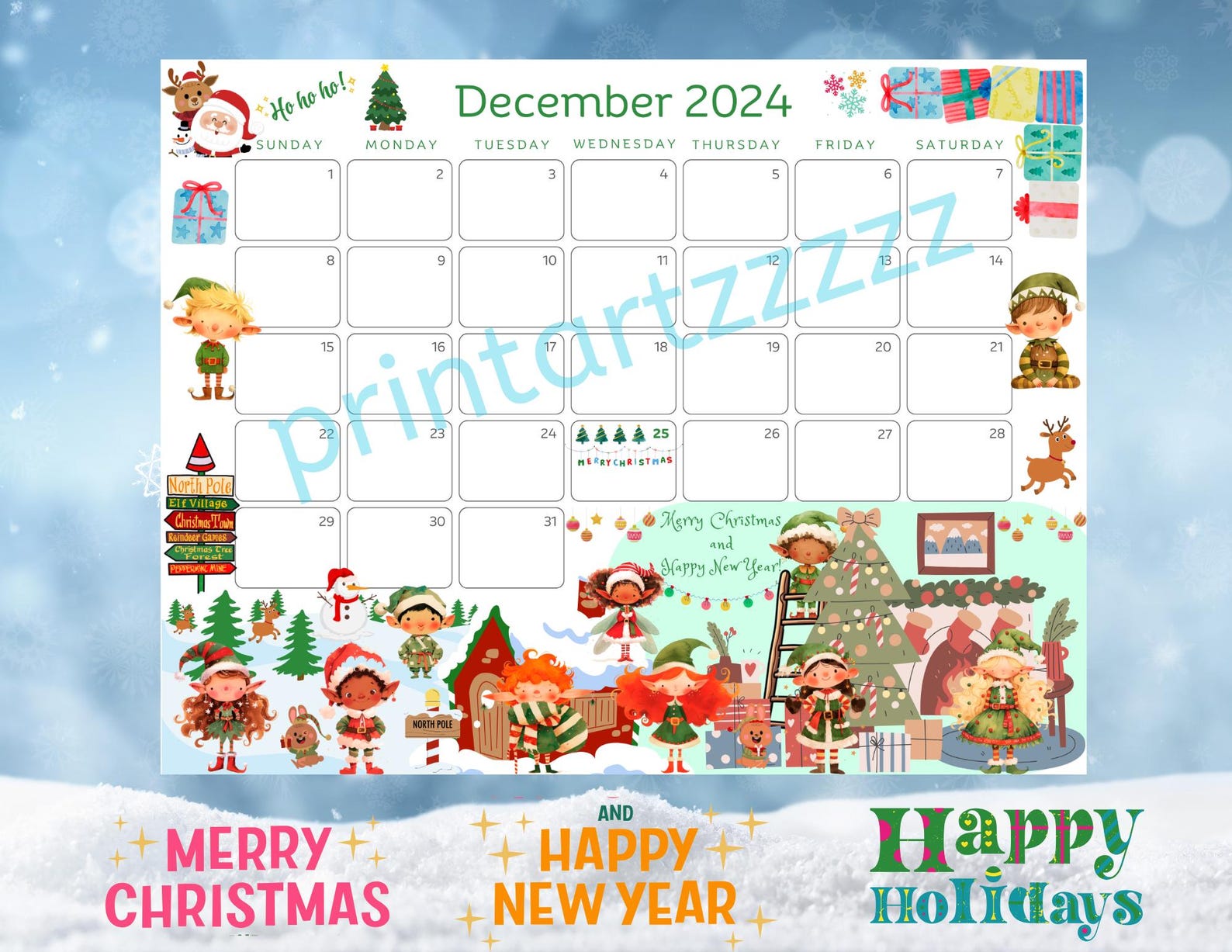December 2024 Calendar Christmas Elf Village North Pole Theme Planner ...
