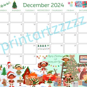 December 2024 Calendar Christmas Elf Village North Pole Theme Planner ...