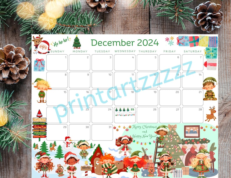 December 2024 Calendar Christmas Elf Village North Pole Theme Planner ...