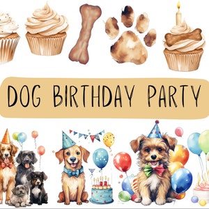 Watercolor Dog Birthday Party Clipart - Party Cupcake Candles Paws ...