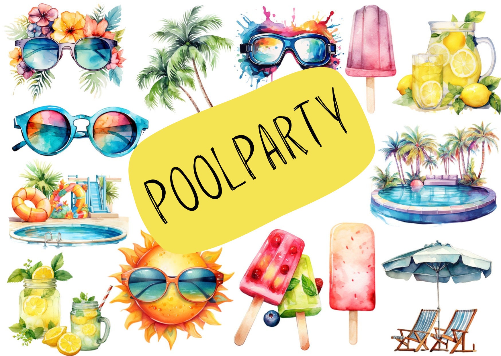Clipart Set Watercolor Pool Party 13 Pngs: Beach, Sunglasses, Ice Cream ...