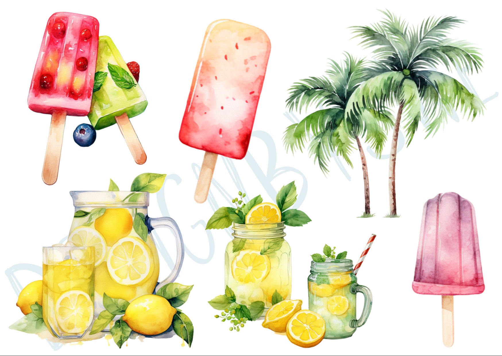 Clipart Set Watercolor Pool Party 13 Pngs: Beach, Sunglasses, Ice Cream ...