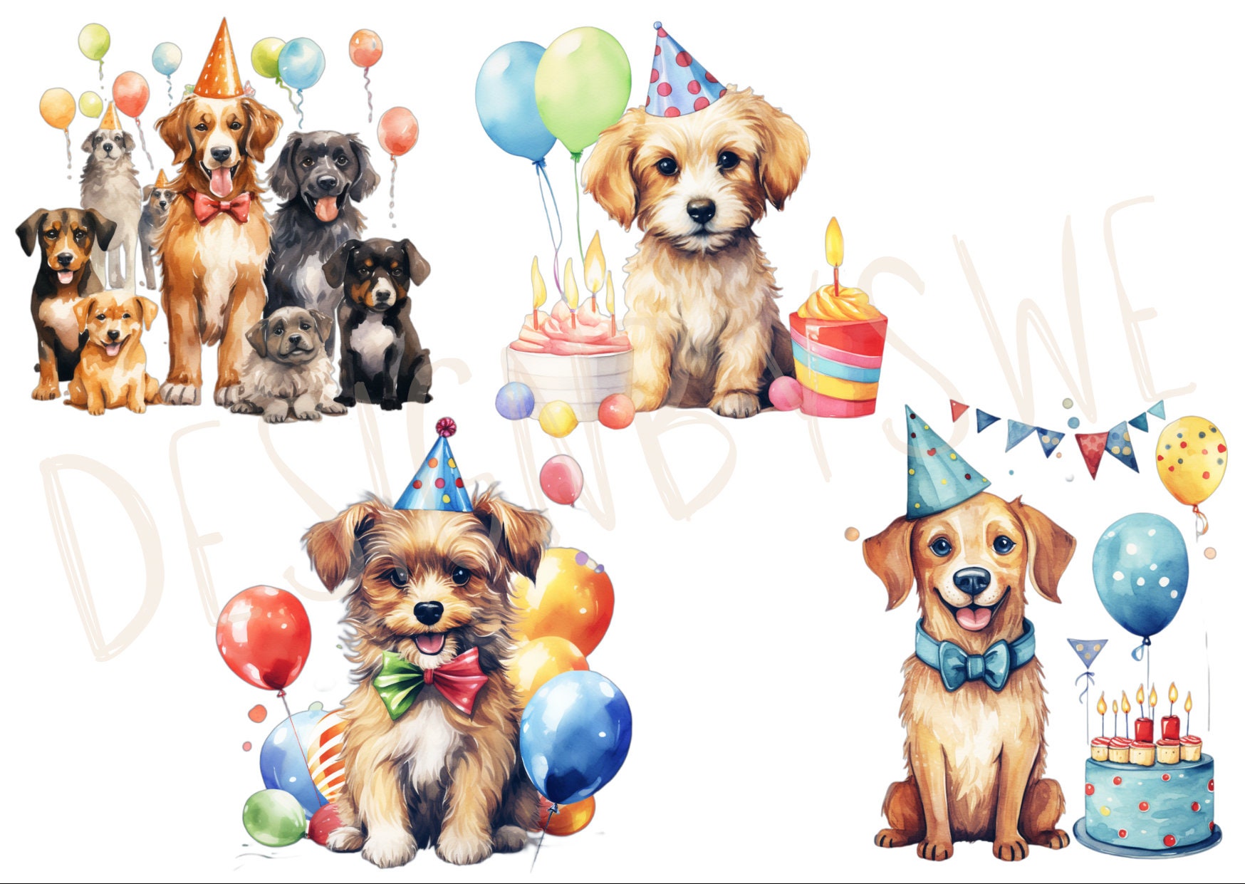 Watercolor Dog Birthday Party Clipart Party Cupcake Candles Paws ...
