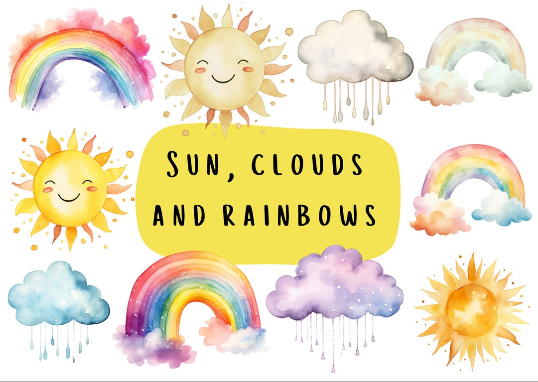 10 Watercolor Weather Clipart Rainbow Clouds Sun Nursery PNG Digital ...