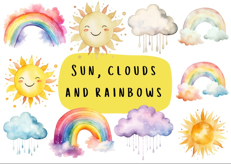 10 Watercolor Weather Clipart Rainbow Clouds Sun Nursery PNG - Etsy
