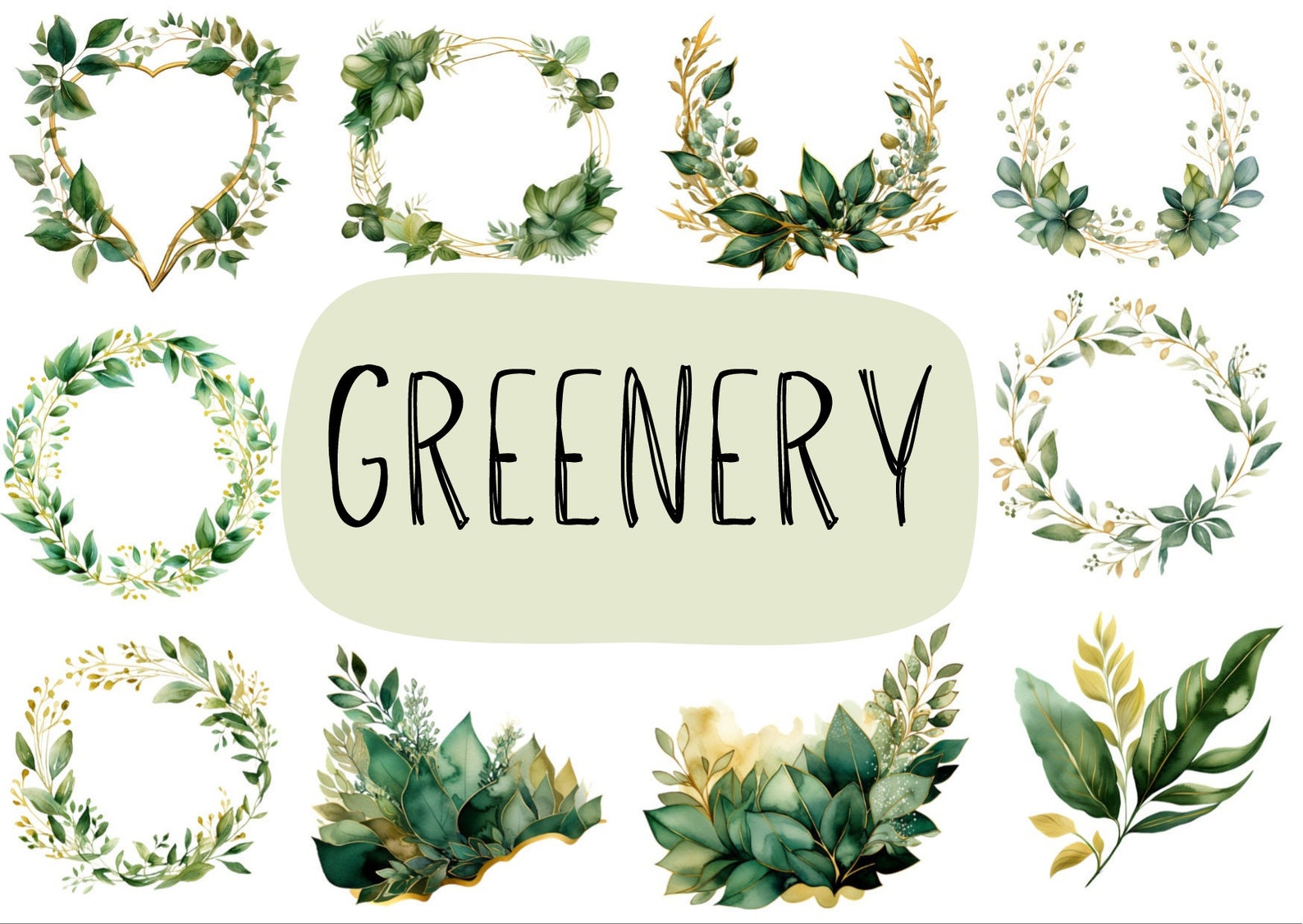 Greenery Watercolor Clipart - Green Leaves Clipart - Watercolor Leaves ...