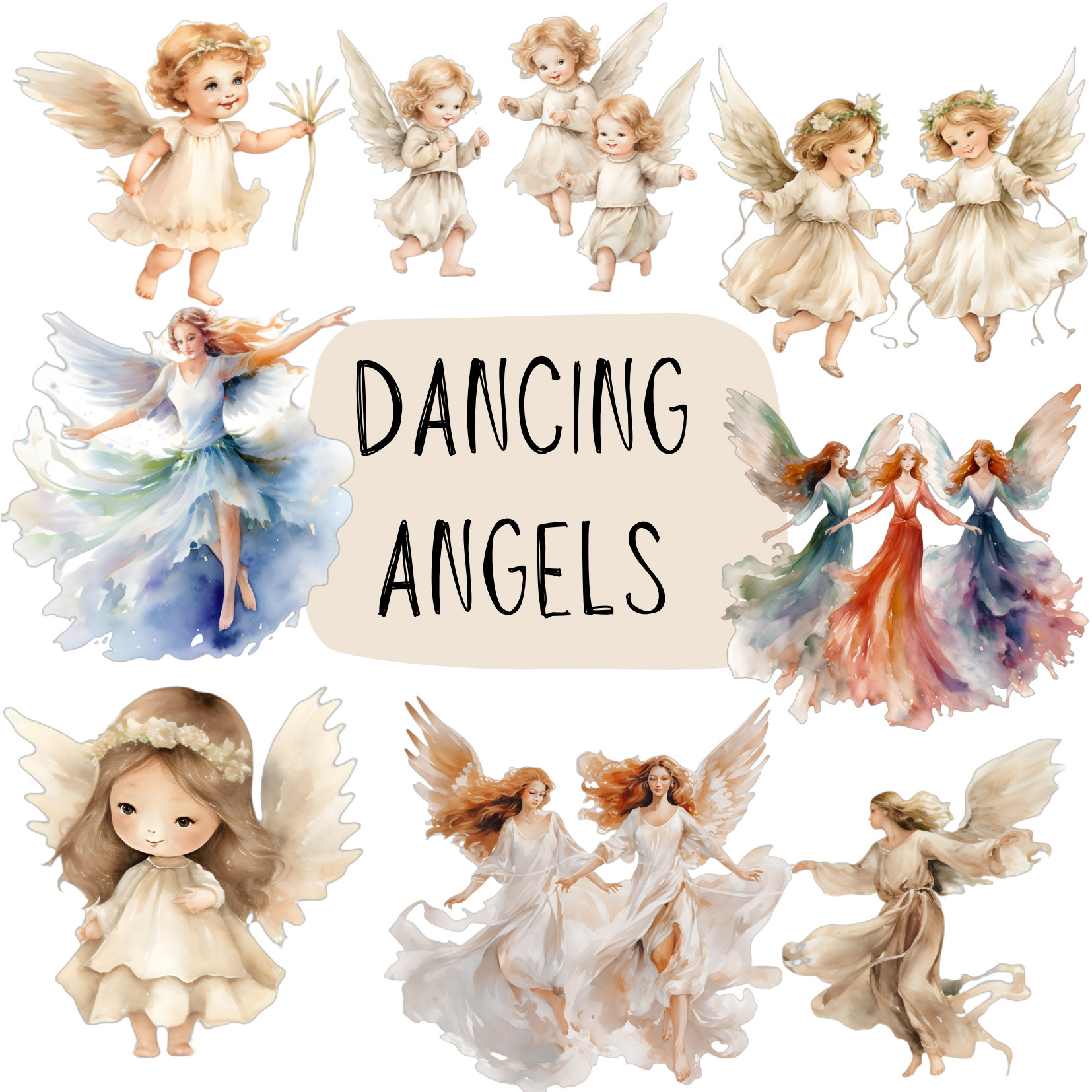 8 Watercolor Dancing Angels Clipart, PNG Graphic, Fair Skin Angel, Baby Angel, Woman Angel ...