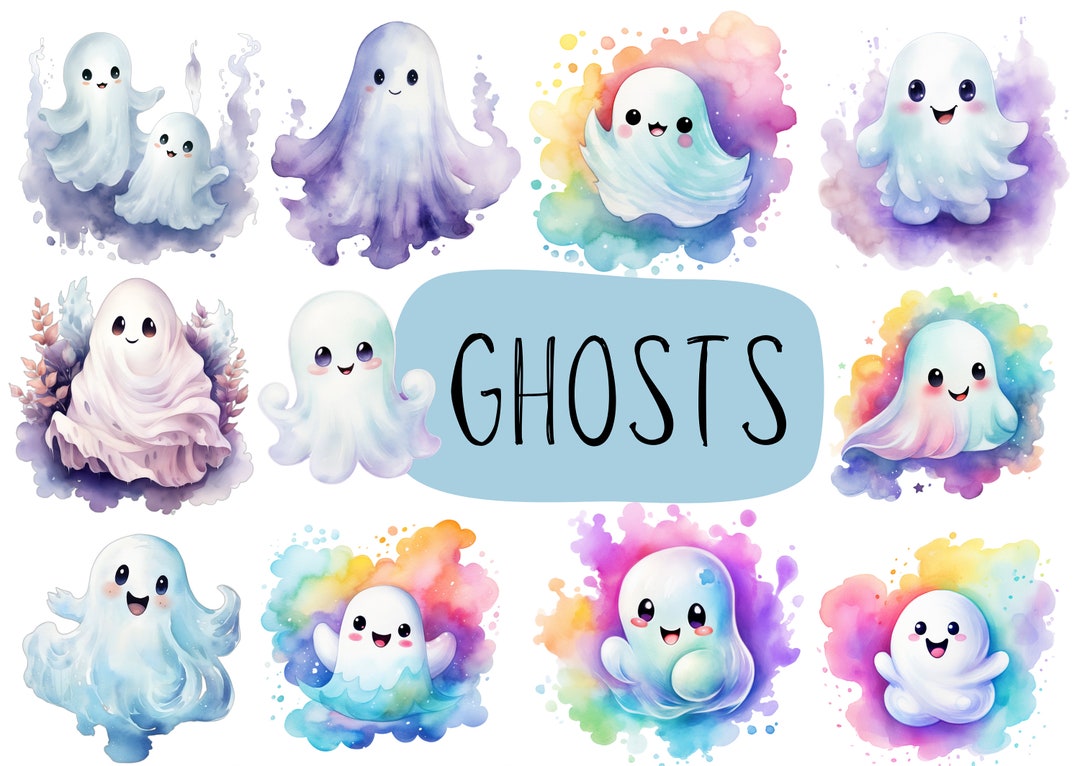 11 Watercolor Kawaii Ghost Clipart Rainbow Halloween PNG Digital Image ...