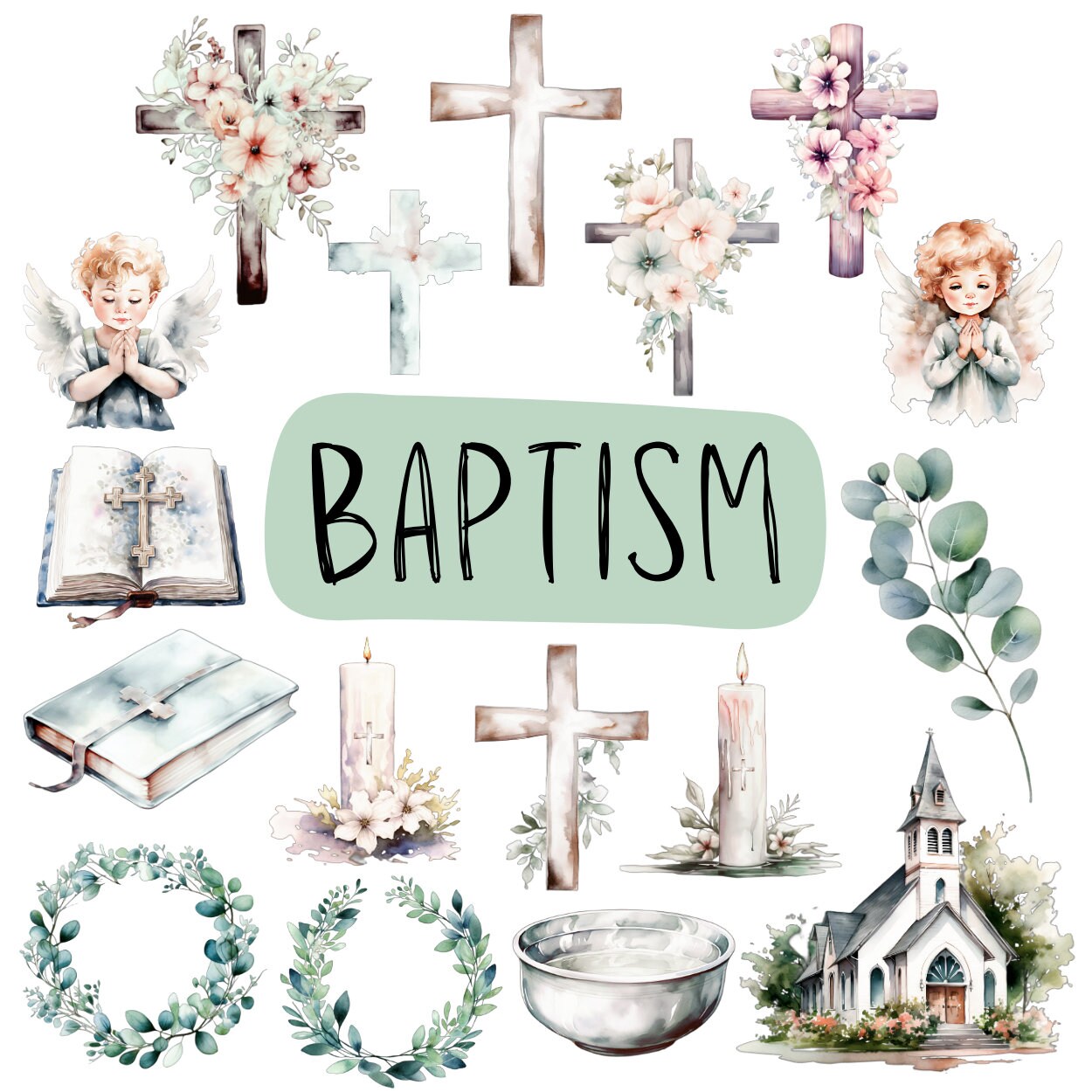 17 Watercolor Clipart Baptism, PNG Graphic, Baby Angel, Cross, Church ...