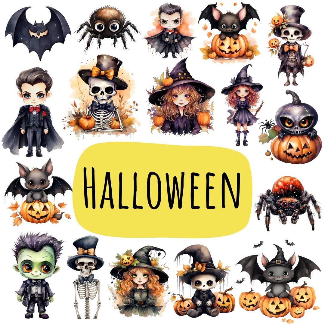 17 Watercolor Halloween Cute Dracula Bat Skeleton Frankenstein Witch ...