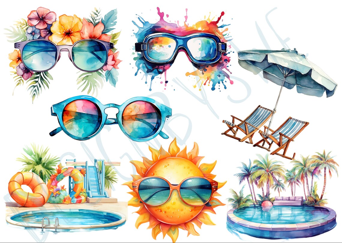 Clipart Set Watercolor Pool Party 13 Pngs: Beach, Sunglasses, Ice Cream ...