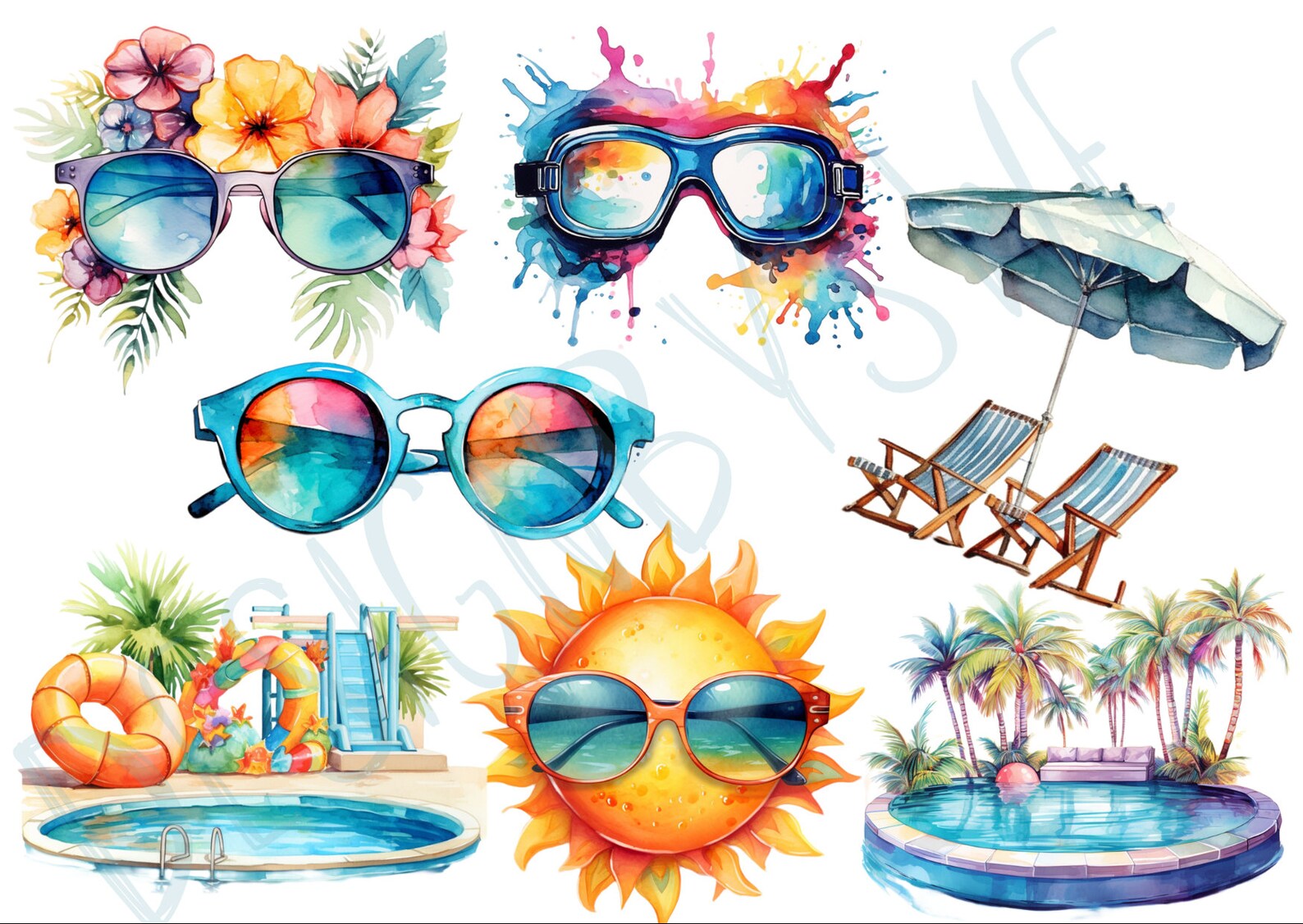 Clipart Set Watercolor Pool Party 13 Pngs: Beach, Sunglasses, Ice Cream ...
