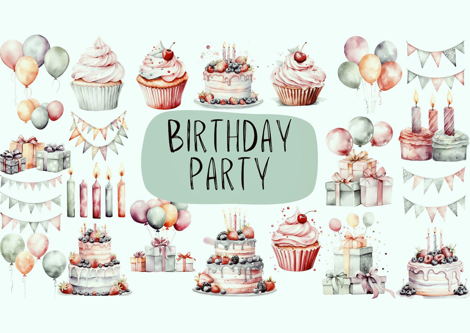 Watercolor Vintage Neutral Birthday Clipart Party Cake Cupcake Candles ...