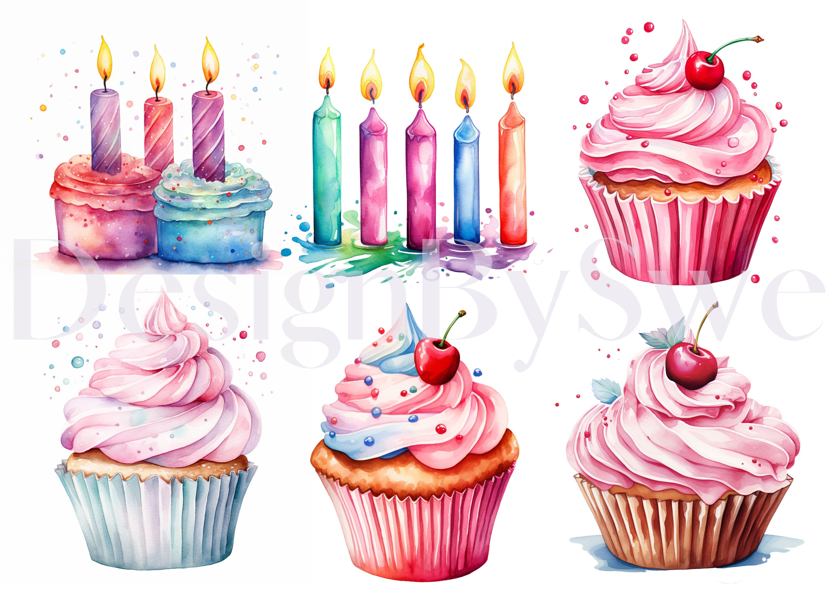 Watercolor Birthday Clipart Party Cake Cupcake Candles - Etsy