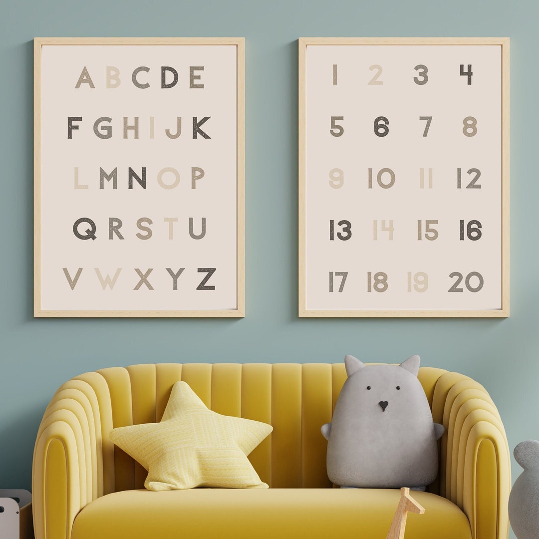 Cartel del alfabeto, cartel de números 1-20, conjunto de 2 impresiones ...