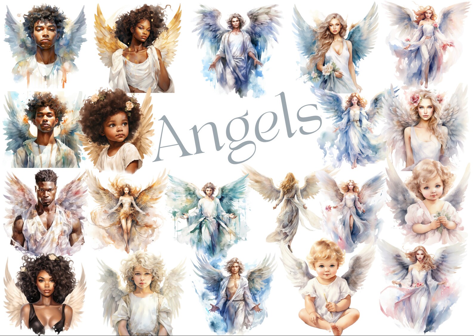 20 Watercolor Angels Clipart, PNG Graphic, Fair Skin Angel, Dark Skin ...