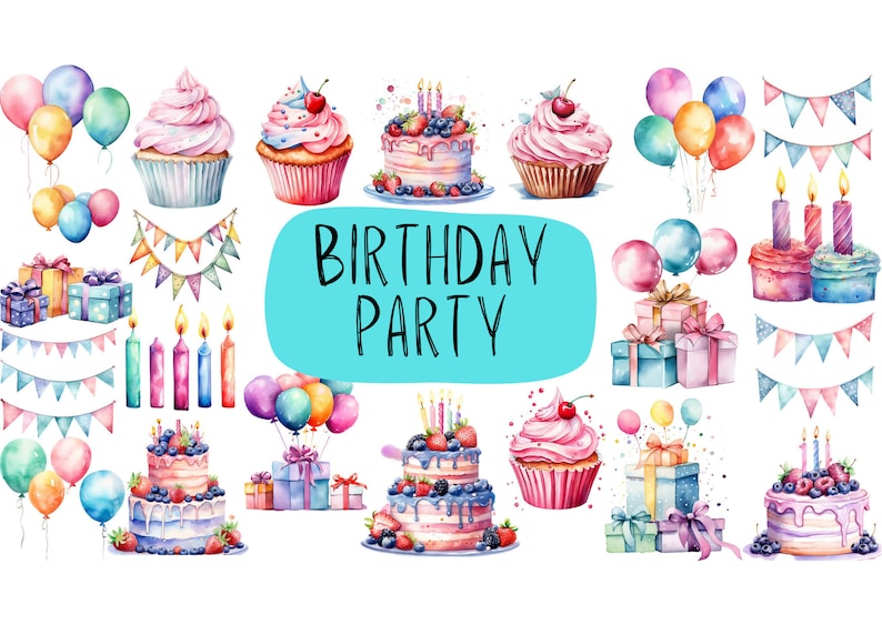 Watercolor Birthday Clipart Party Cake Cupcake Candles - Etsy