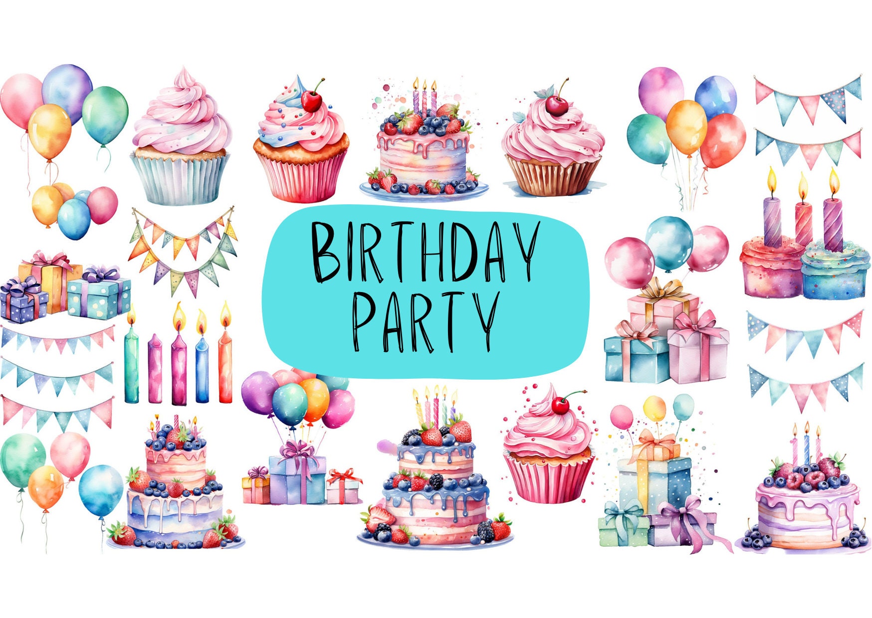 Watercolor Birthday Clipart Party Cake Cupcake Candles - Etsy