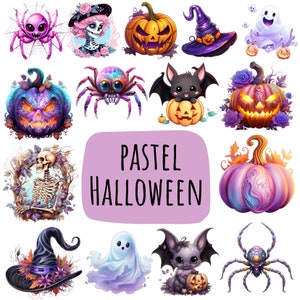 Pastel Halloween Clipart Bundle, Cute Ghost, Witch, Bat (PNG, Digital ...
