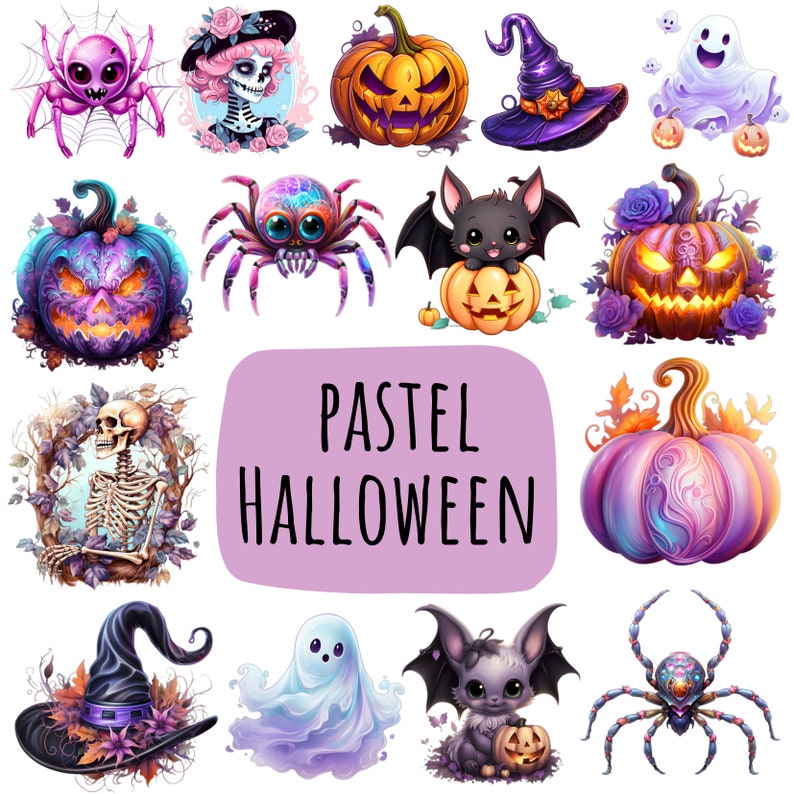 15 Pastel Halloween Clipart Cute Ghost Witch Bat Skeleton Spider ...