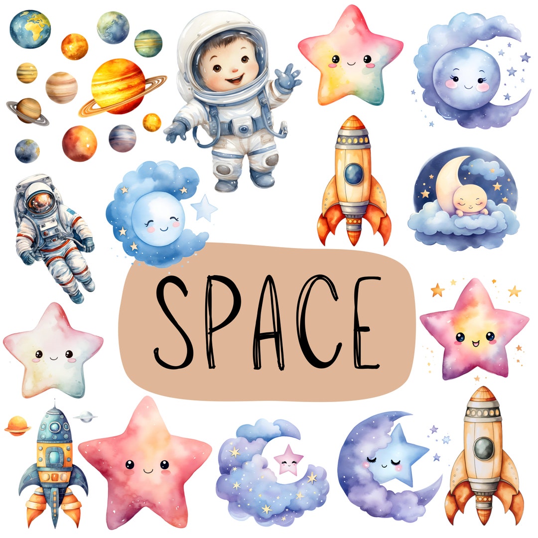 15 Watercolor Space Clipart Bundle, Nursery PNG Astronaut Spaceship ...