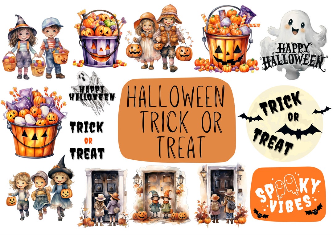 Watercolor Halloween Clipart – Trick or Treat Pumpkin Graphics (PNG ...