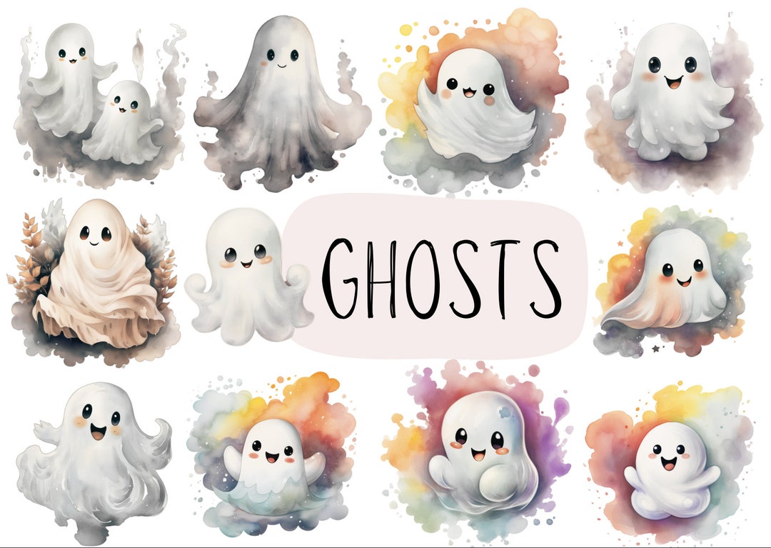 11 Watercolor Kawaii Ghost Neutral Clipart Rainbow Halloween PNG ...
