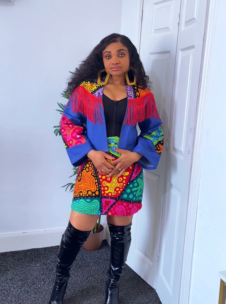 African Print Denim Fringe Jacket/ Lora Crop Jacket, Handmade African ...