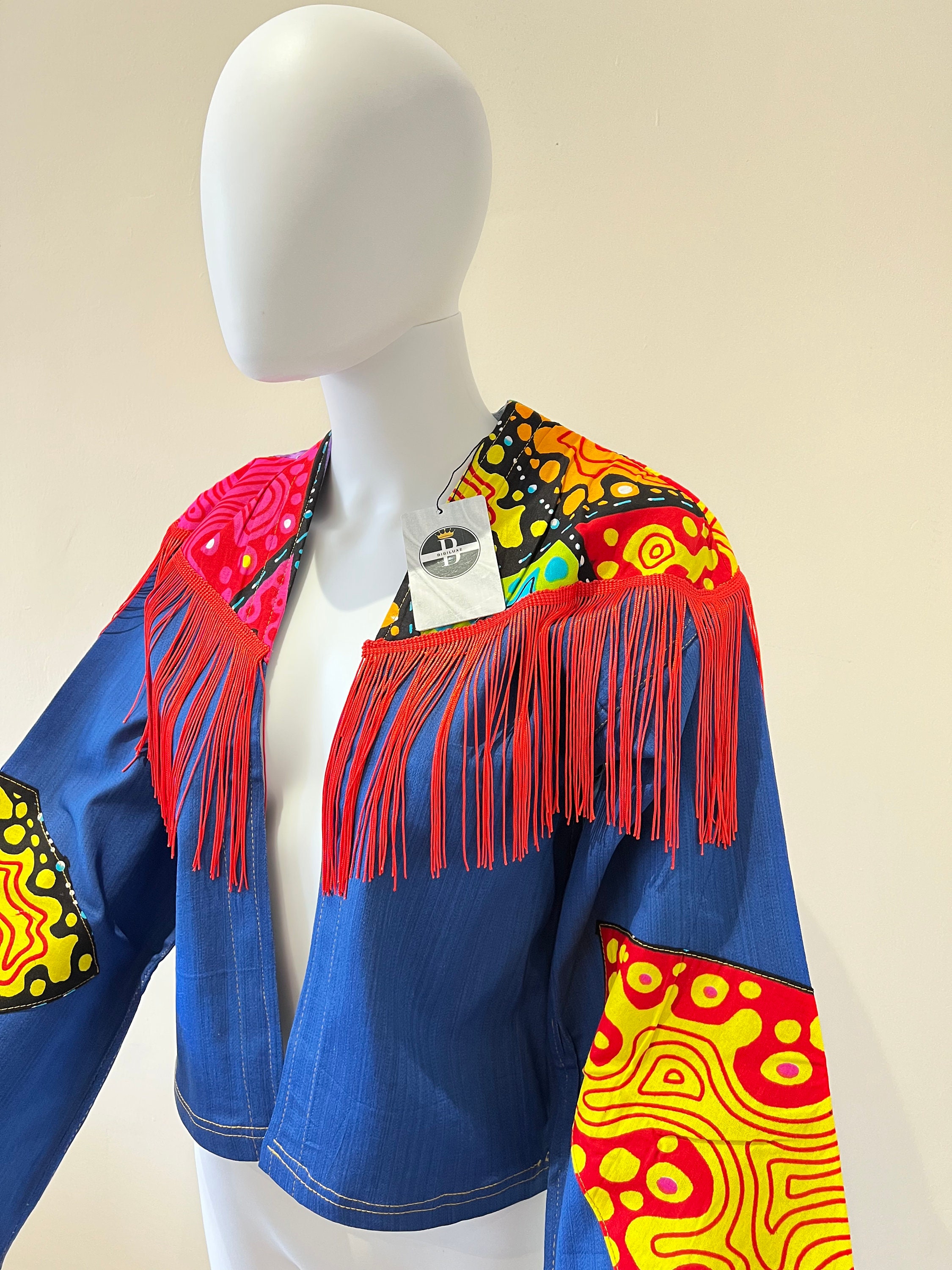African Print Denim Fringe Jacket/ Lora Crop Jacket, Handmade African ...