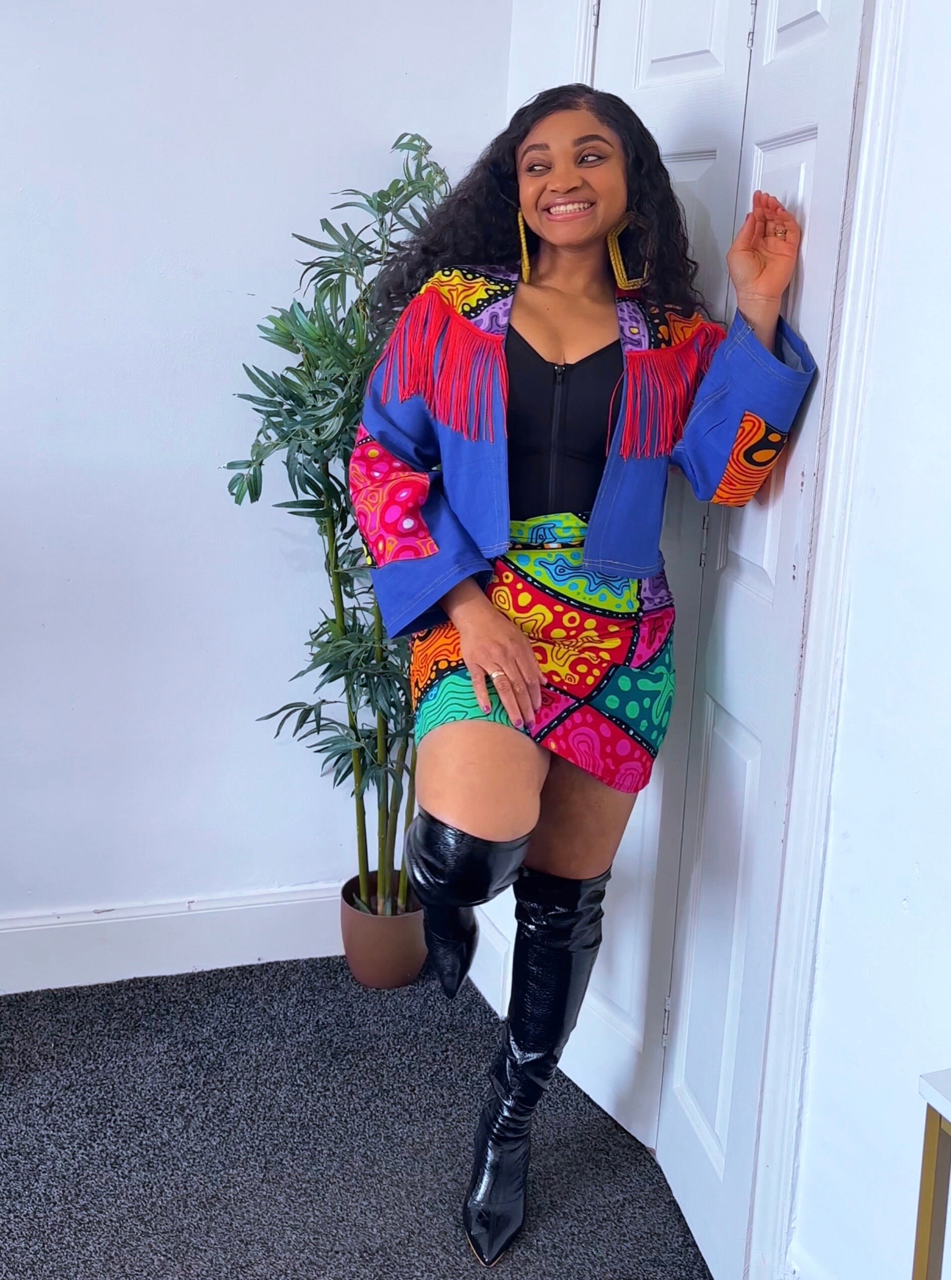 African Print Denim Fringe Jacket/ Lora Crop Jacket, Handmade African ...