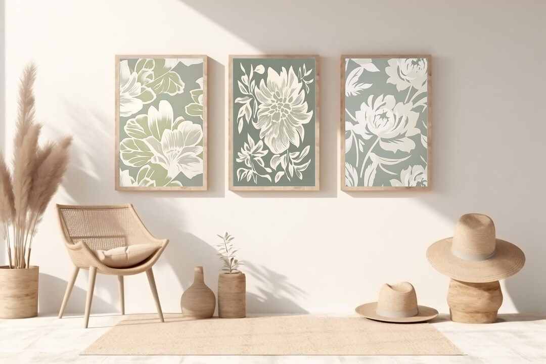 Sage Green Wall Art, Lithograph Style Floral Posters - Printable ...