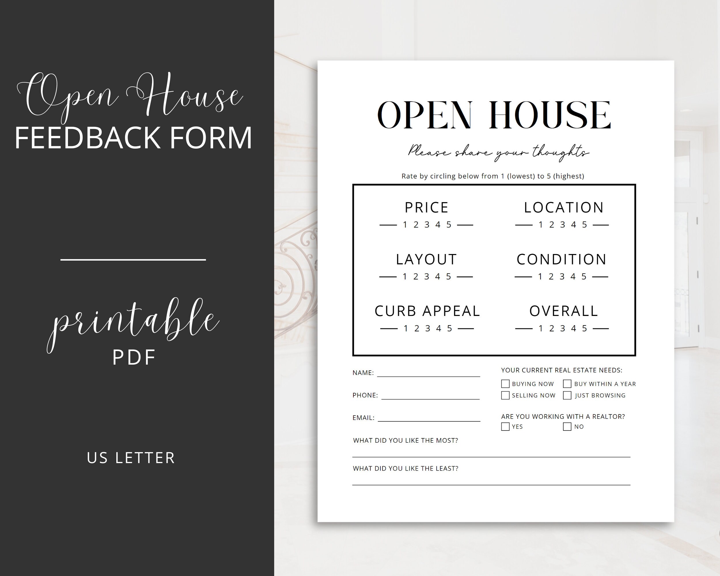 Real Estate Open House Feedback Form, Printable PDF | Realtor Marketing ...