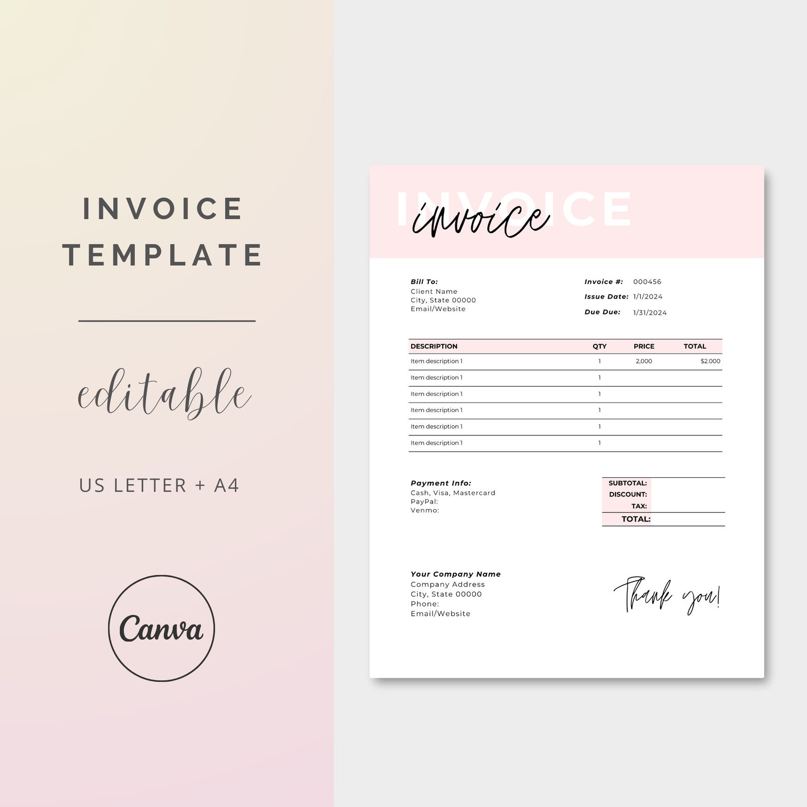 Invoice Template for Small Business Minimal Invoice, Canva Editable ...