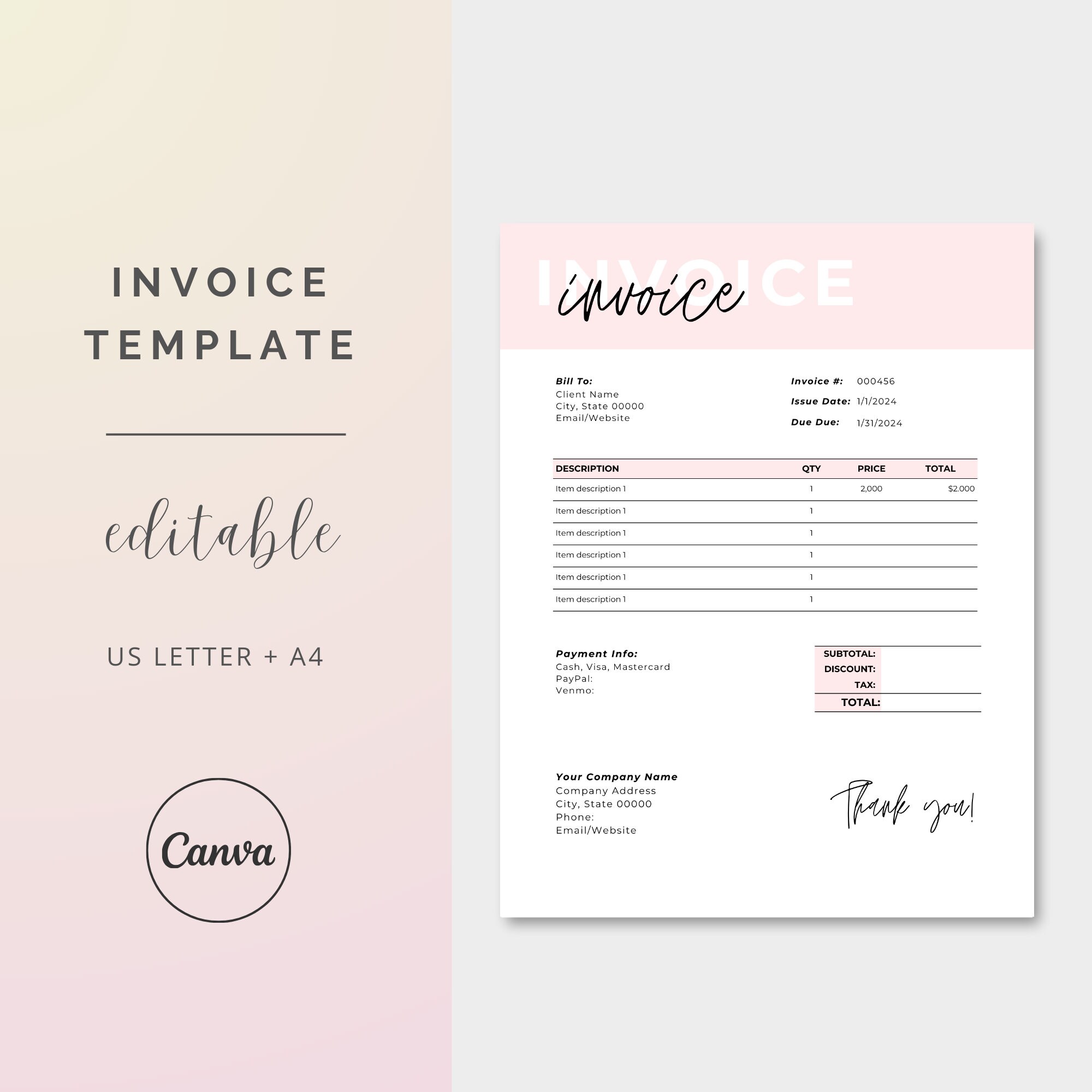 Invoice Template for Small Business Minimal Invoice, Canva Editable ...