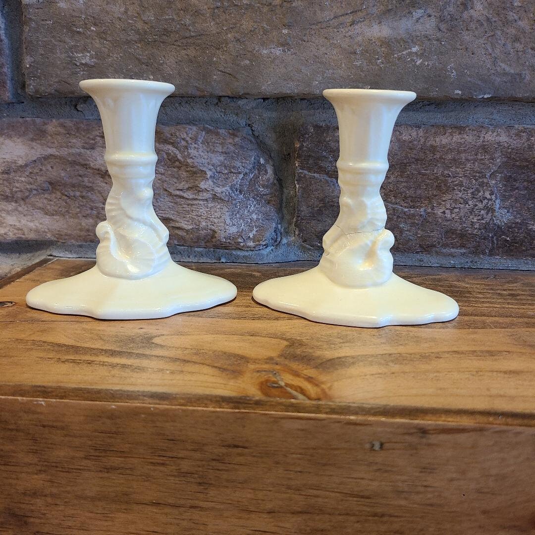 Vintage 1928 Cowan Pottery Art Deco White Seahorse Candle Holder Pair ...